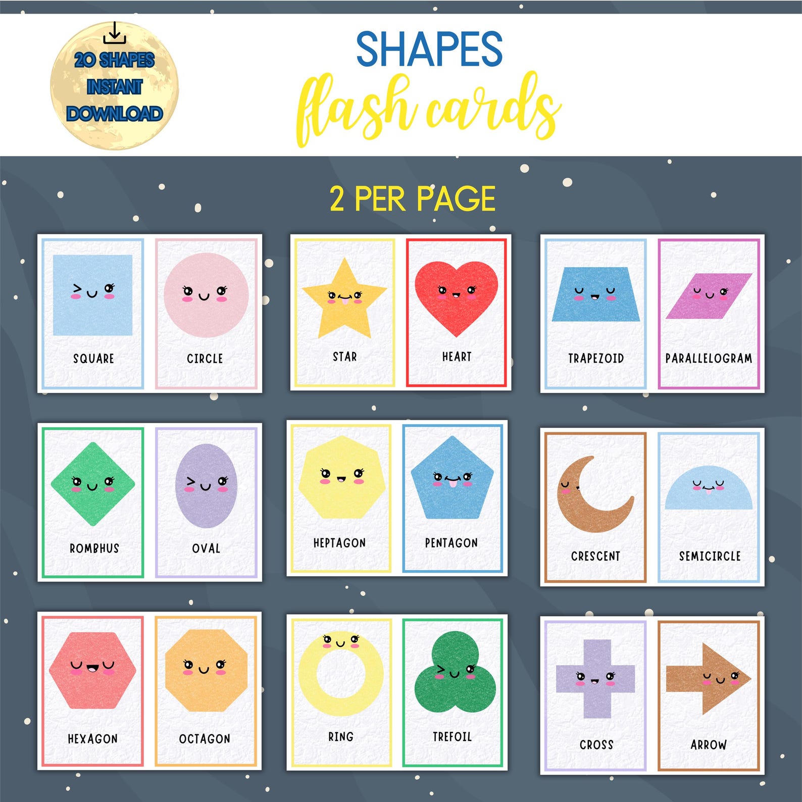 20 Kawaii Geometric Shape Flashcards, Preschool Materials, Printable ...