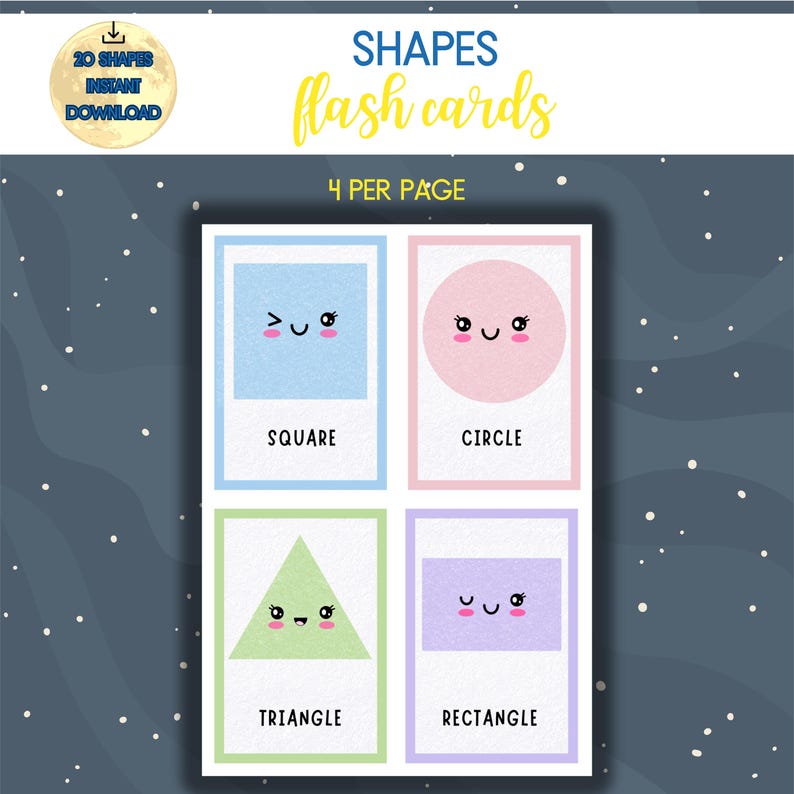 20 Kawaii Geometric Shape Flashcards, Preschool Materials, Printable ...