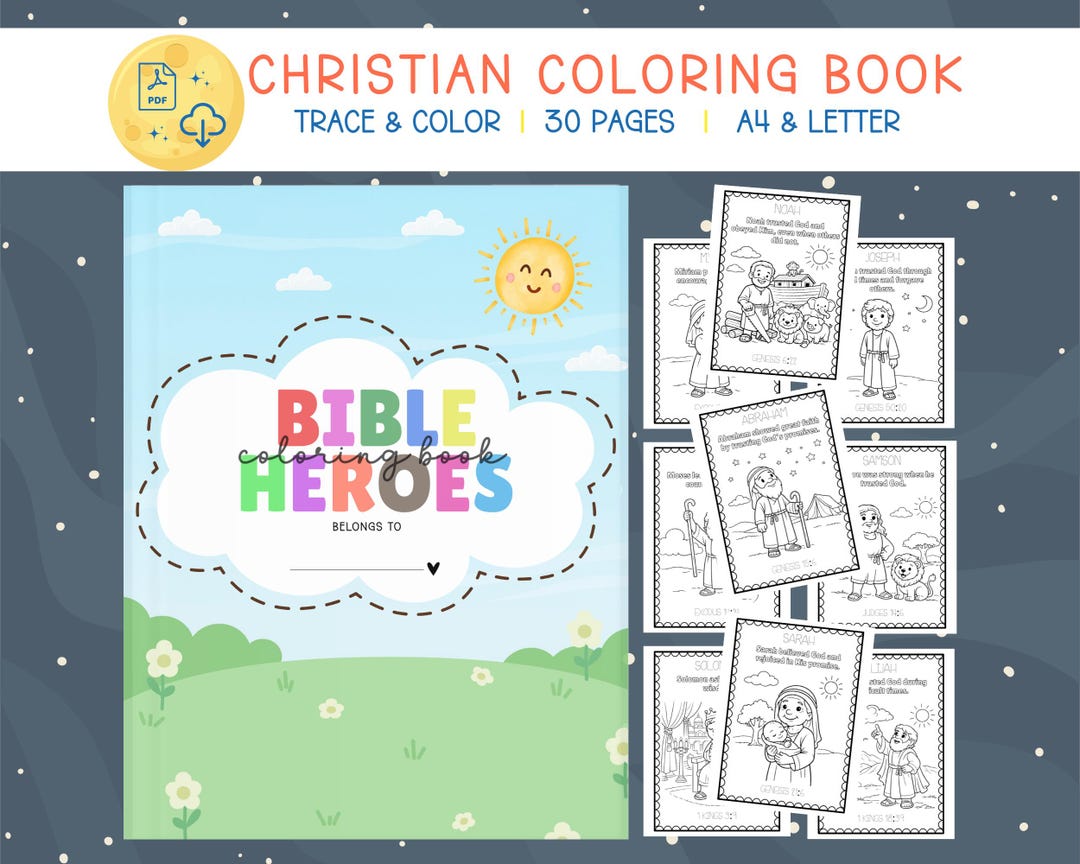 Bible Heroes Coloring Book, Christian Verses, Tracing Pages (digital ...