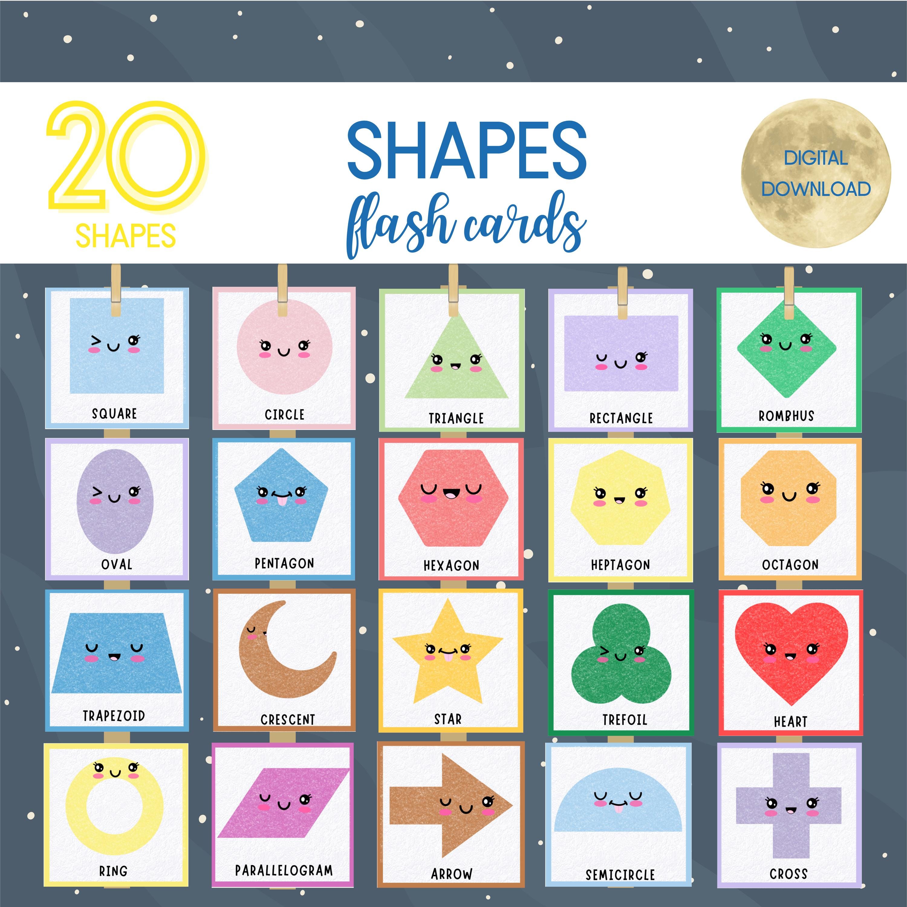 20 Kawaii Geometric Shape Flashcards, Preschool Materials, Printable ...