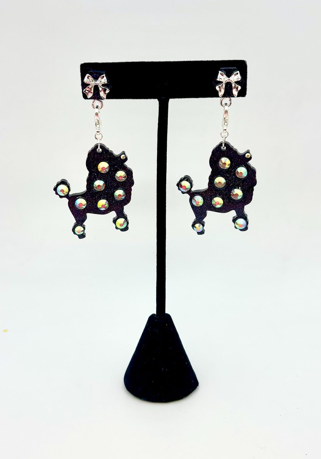 Disco Poodle Earrings: Black Glitter Resin Charms, Rhinestone Bow Studs ...