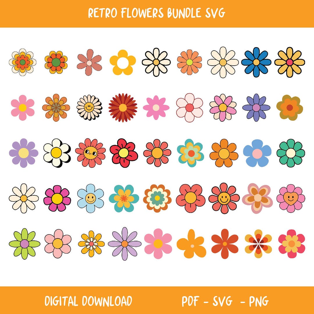 Retro Flowers Svg, Flower Clipart, Daisy Flower Cut File,boho Flower ...