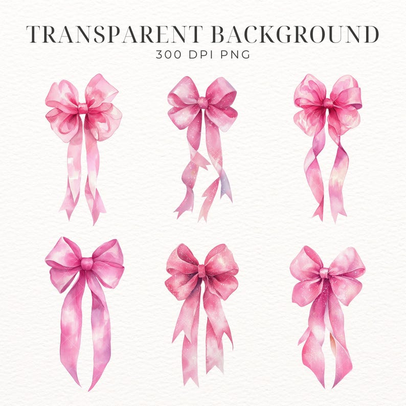 Bow Clipart, Watercolor Pink Bows, Cute Ribbon for Digital Crafts ...