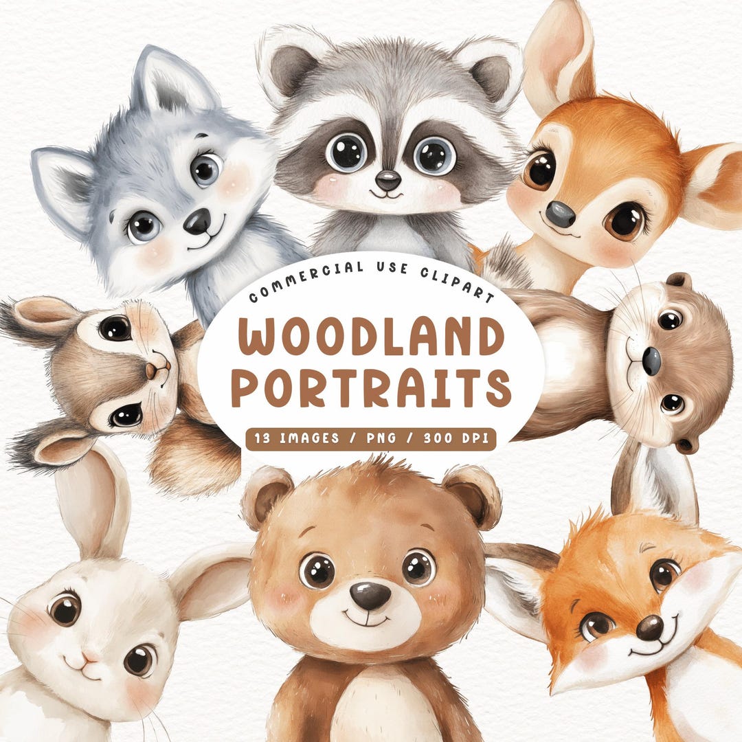 Watercolor Woodland Portraits Clipart, Cute Woodland Animal Clipart ...
