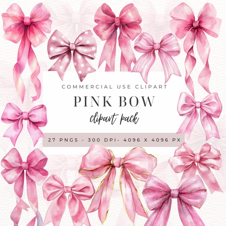 Bow Clipart, Watercolor Pink Bows, Cute Ribbon for Digital Crafts ...