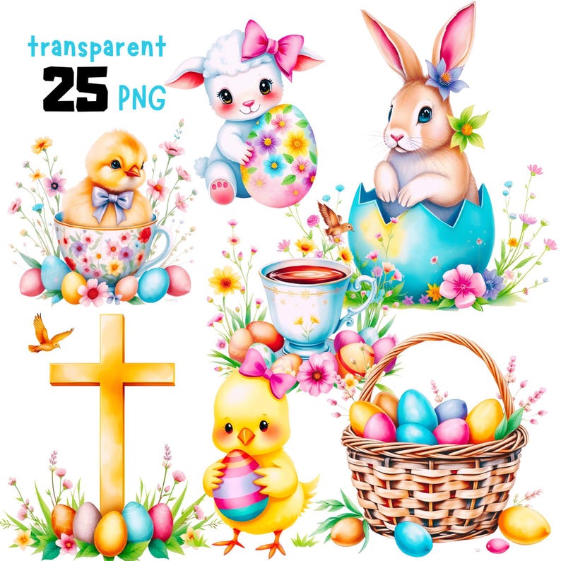 25 PNG Set Easter Clipart Bundle, Spring Holiday Llustrations Designs ...
