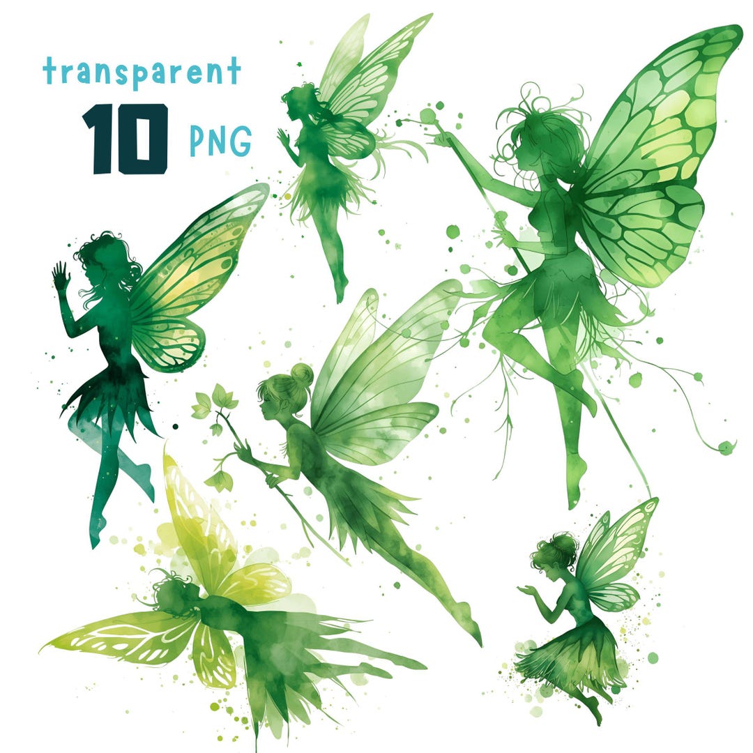 10 Green Fairy Watercolor Clipart Bundle: Fantasy PNG Images ...