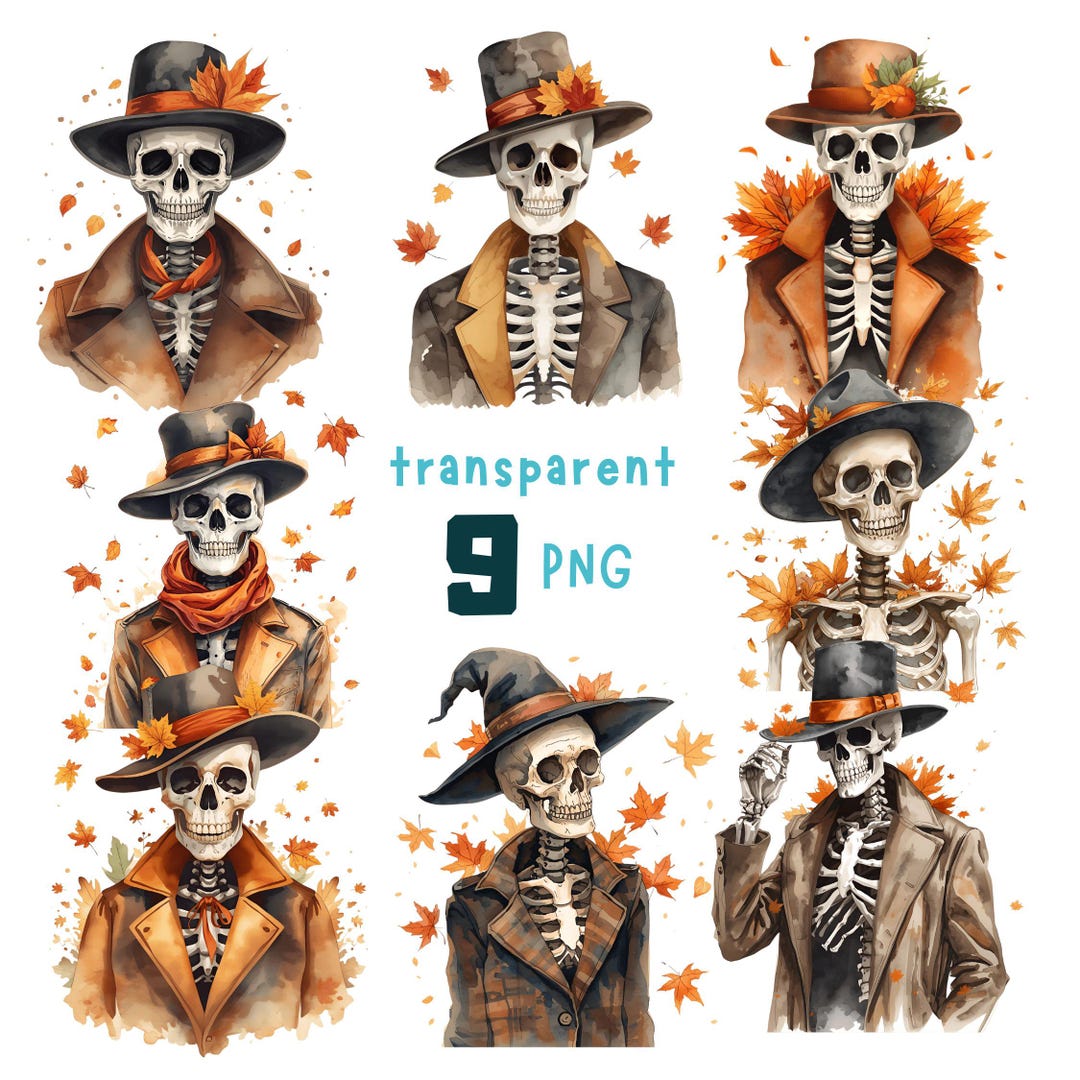 9 Halloween Skeleton With Hat Clipart Bundle: Halloween Skeletons ...