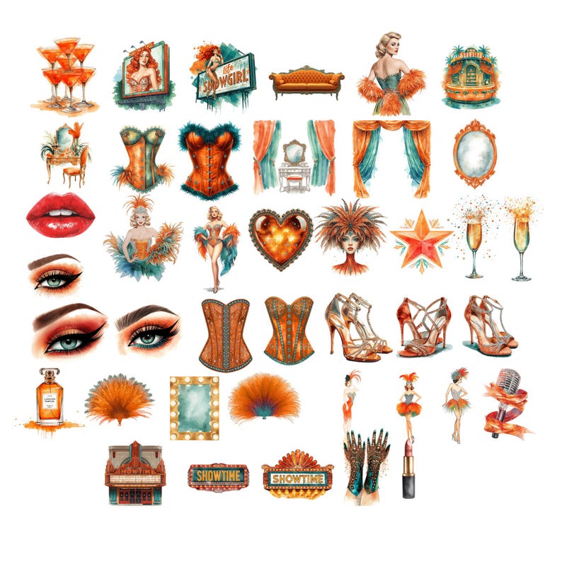 41 Showgirl Watercolor PNG Clipart Bundle, Vintage Cabaret Png, Orange ...