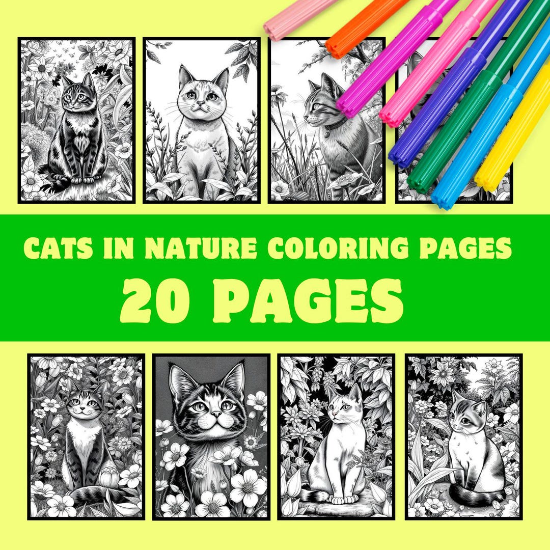 25 Cute Cat Coloring Pages - Cat in Nature Coloring - Digital Download ...