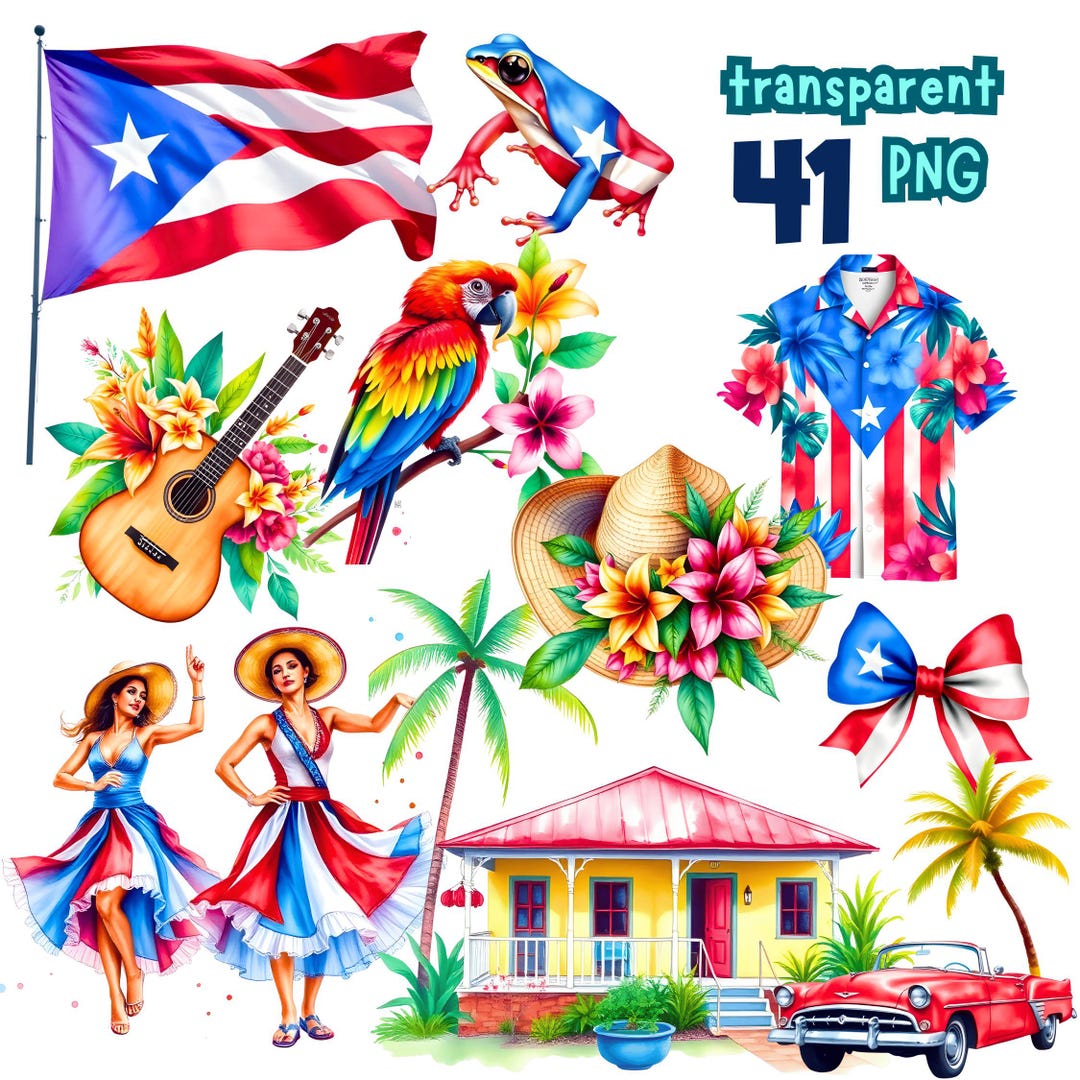 41 Puerto Rico PNG Clipart Bundle, Watercolor Illustrations of Island ...