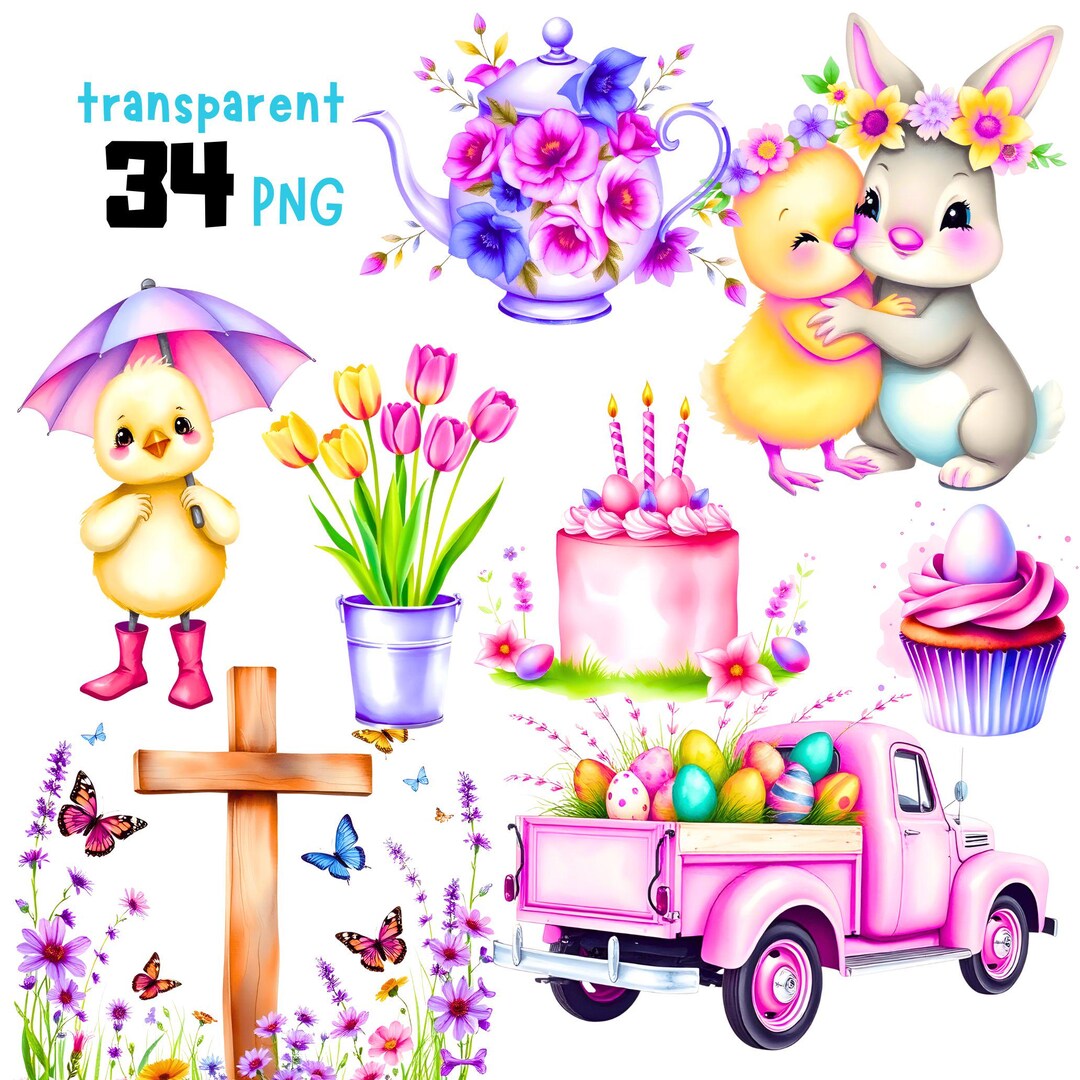 34 PNG Set Easter Clipart Bundle, Spring Holiday Llustrations Designs ...