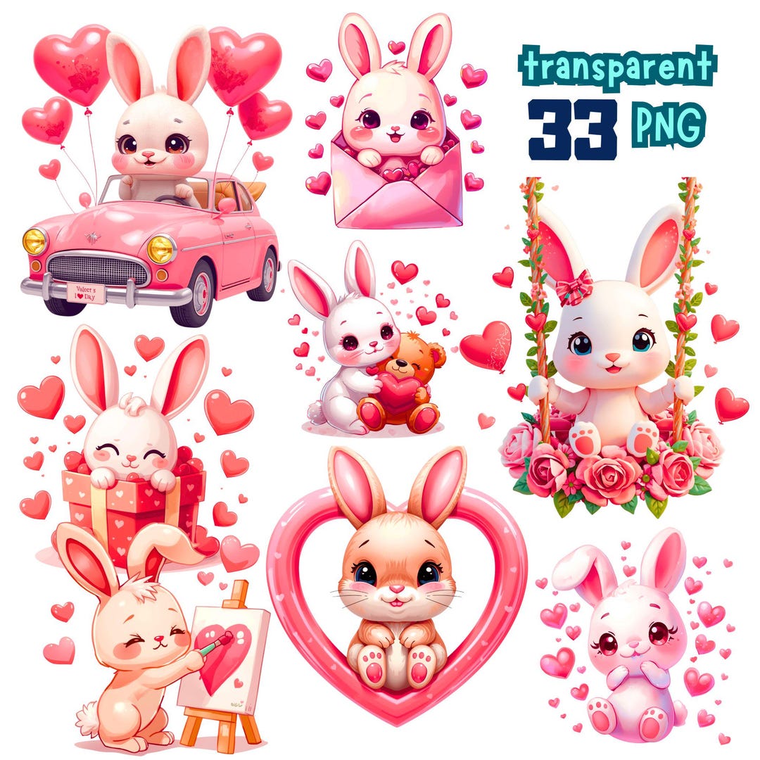 33 Cute Valentine Bunny Clipart PNG Bundle, Valentines Day, Sweet ...