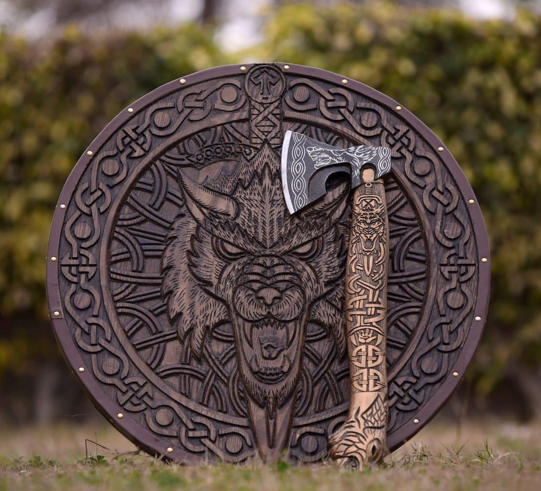 Handcrafted Viking Axe & Shield Set, Norse Wolf Carving, Viking Battle ...