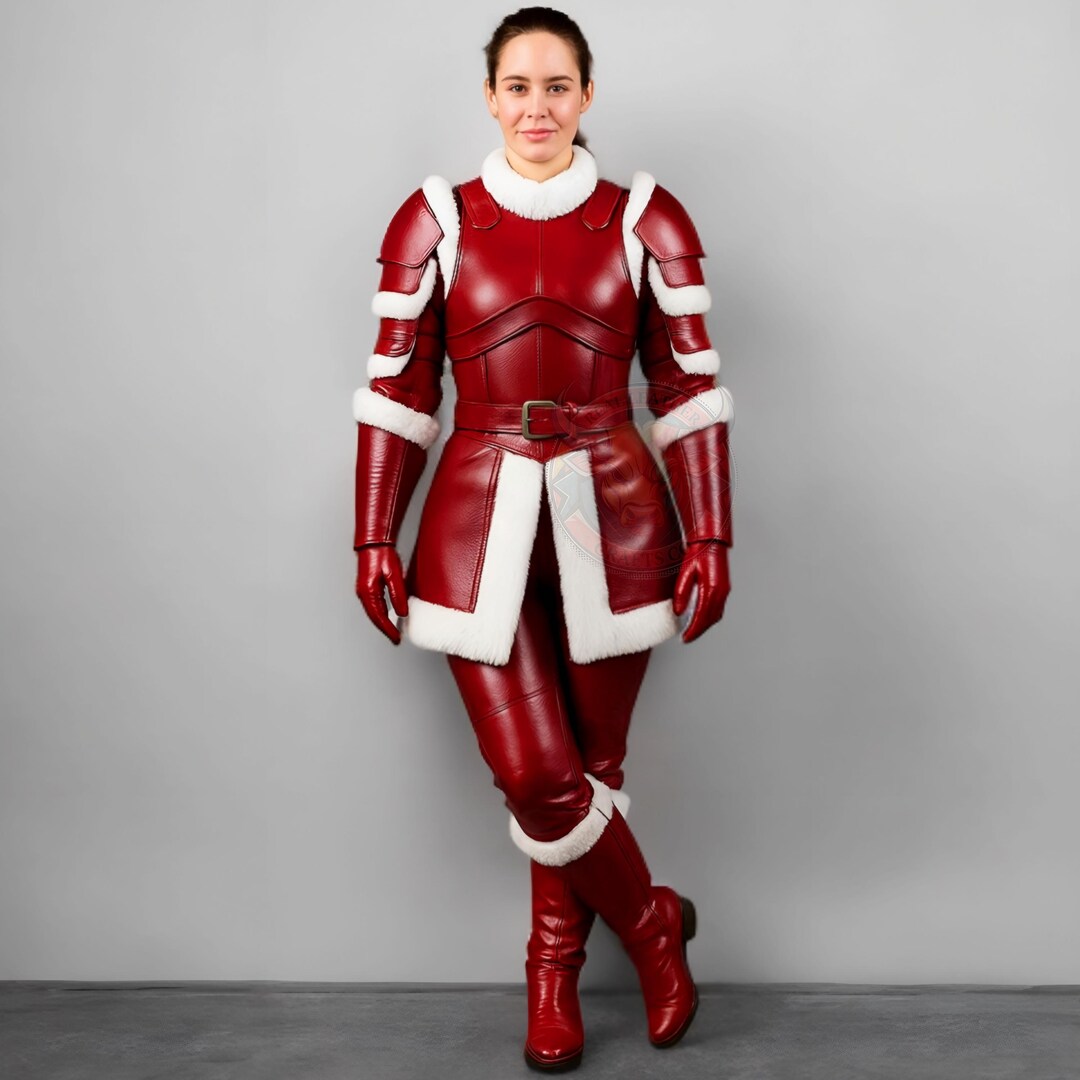 Red Leather Armor Costume Women Fur Trim Medieval Winter | Christmas ...