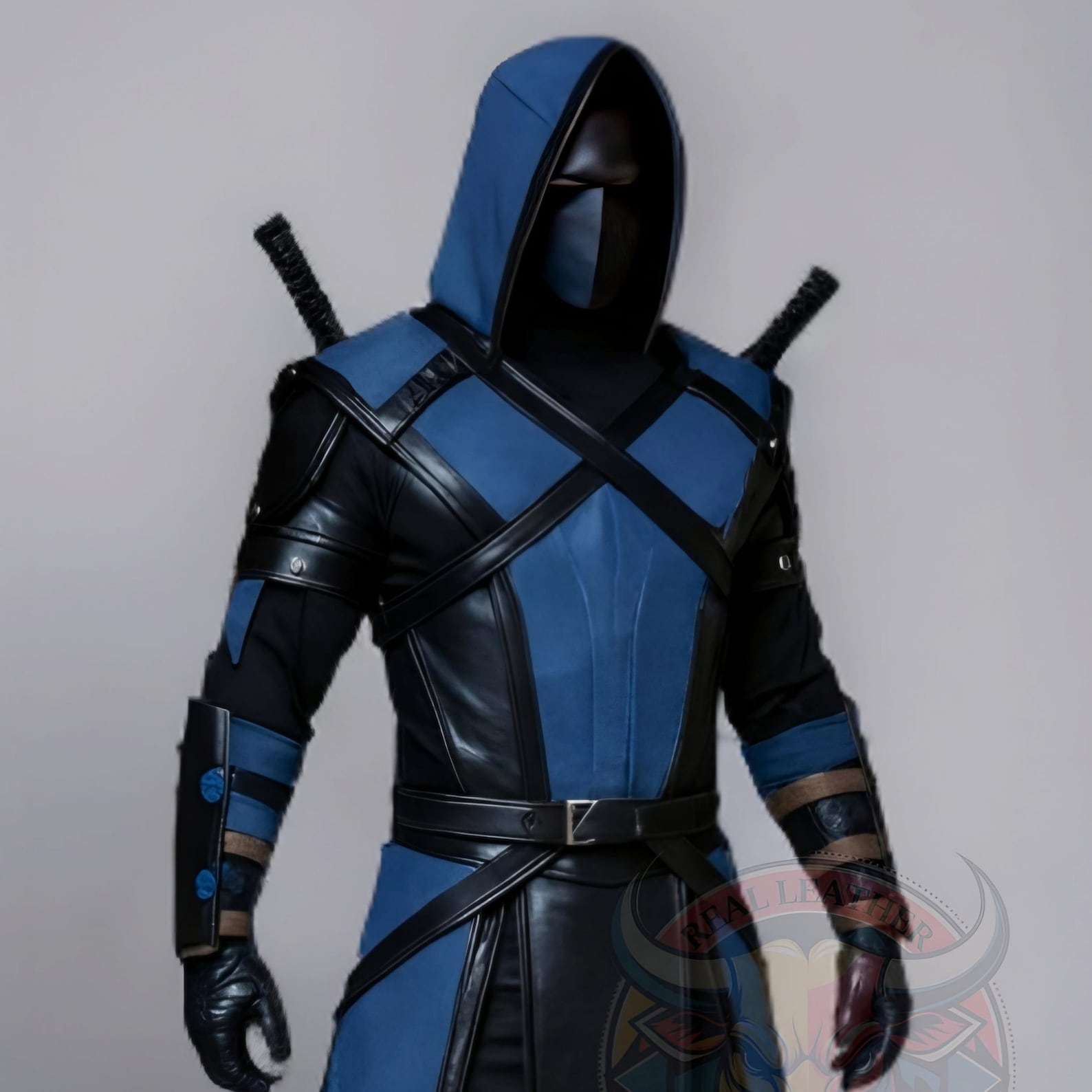 Men Blue Ninja Warrior Costume Leather Armor Cosplay Outfit Hooded ...