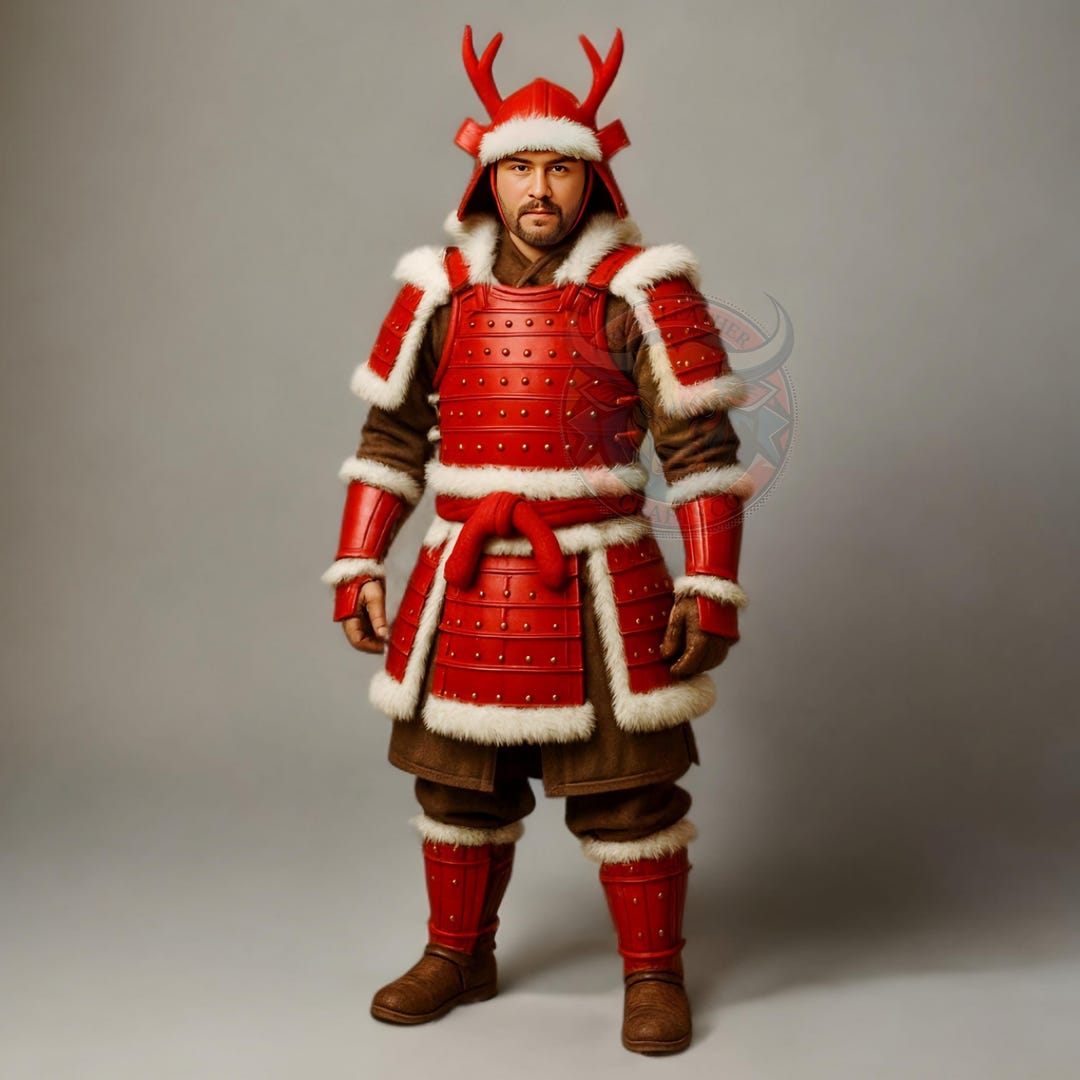 Red Samurai Fur Armor Costume Winter Cosplay Outfit Handmade Leather ...