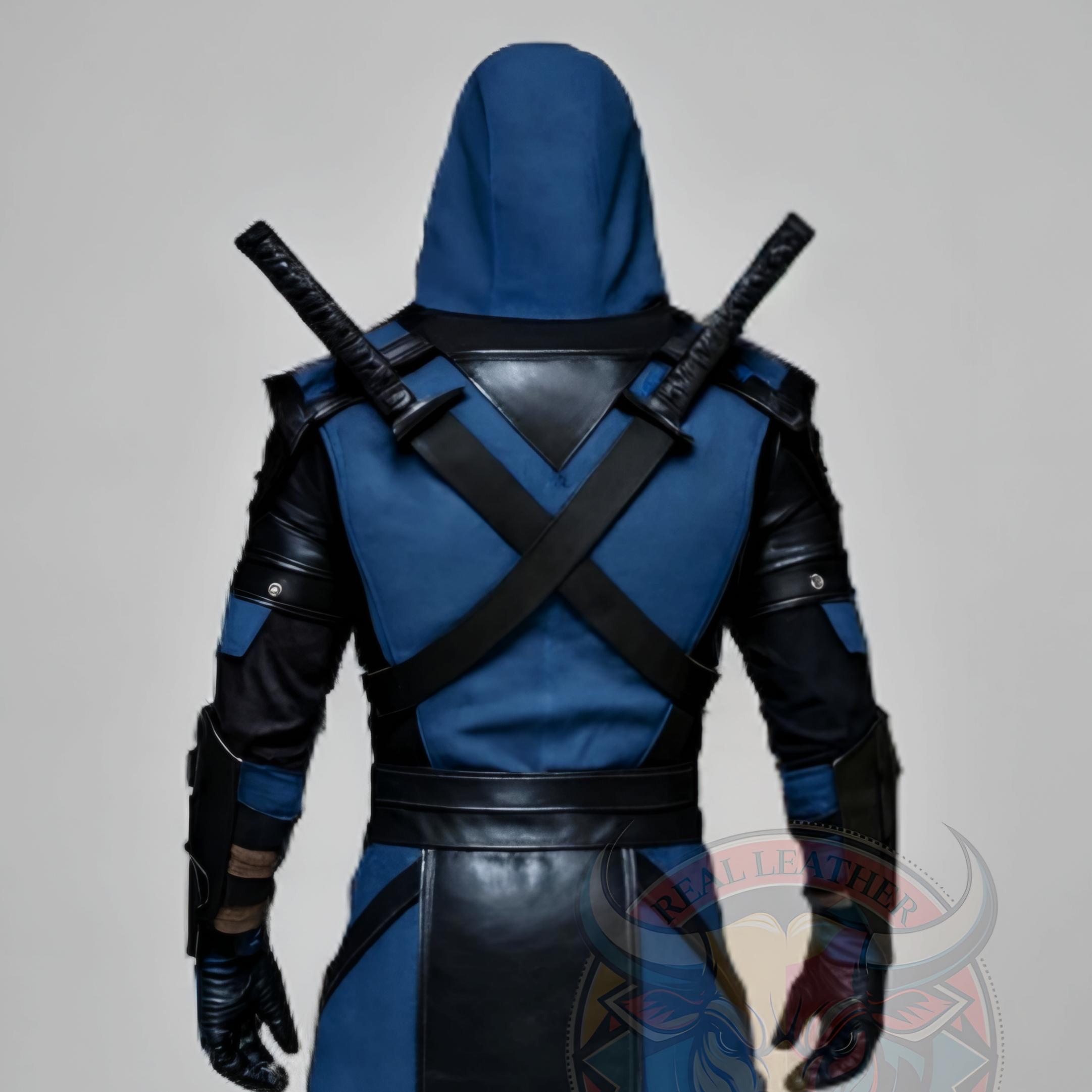 Men Blue Ninja Warrior Costume Leather Armor Cosplay Outfit Hooded ...