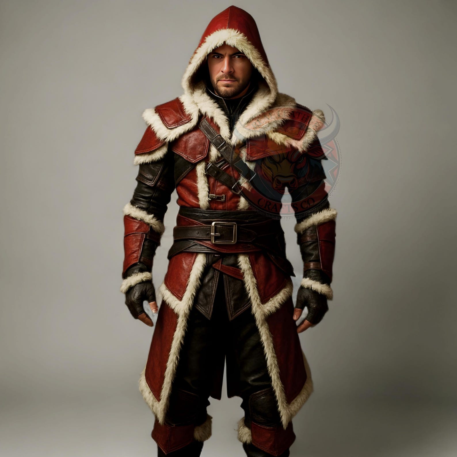 Red Leather Fur Trim Assassin Coat Medieval Warrior Costume Viking ...