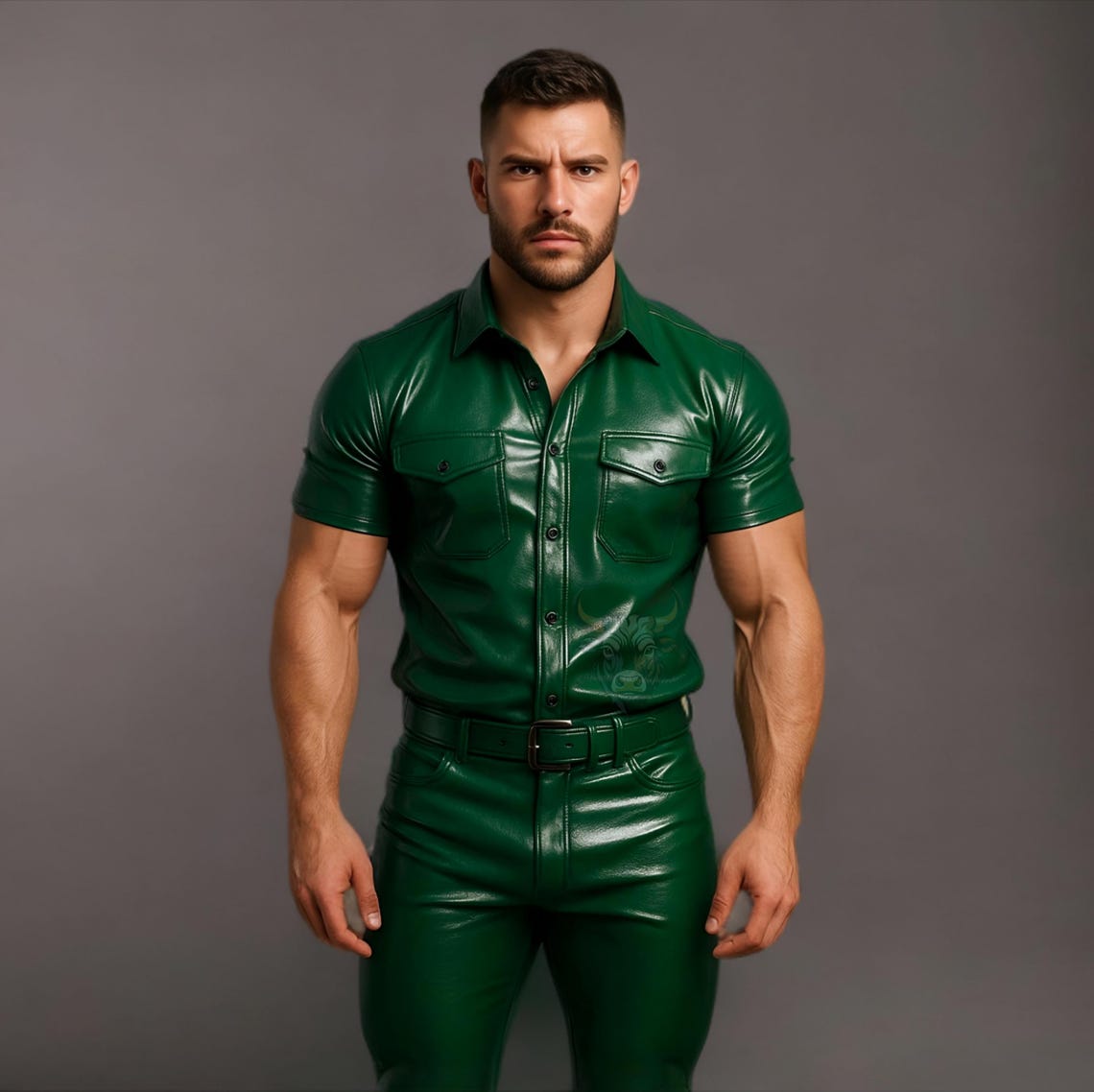 Men’s Green Leather Shirt Handmade Cowhide Short Sleeve Button Down ...
