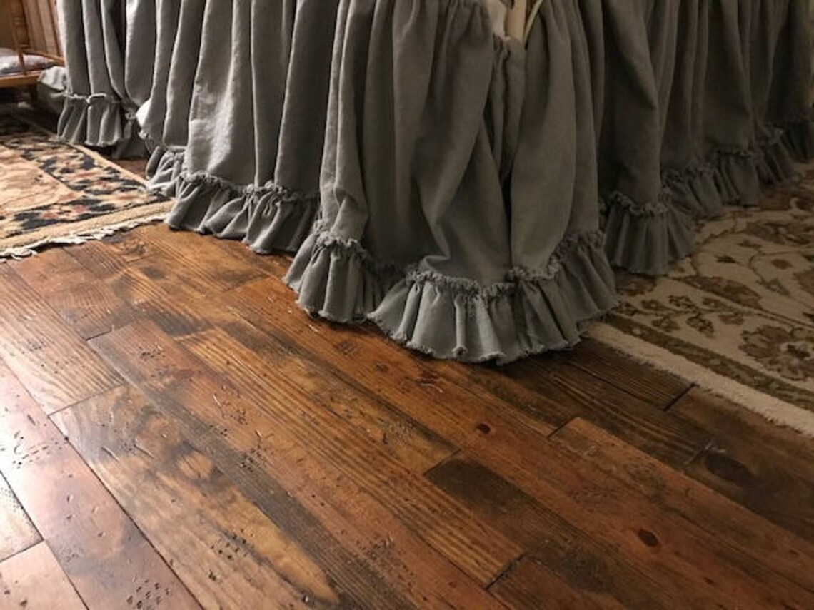 Washed Linen Gathered Bed Skirt with Torn Ruffle and Velvet | Etsy