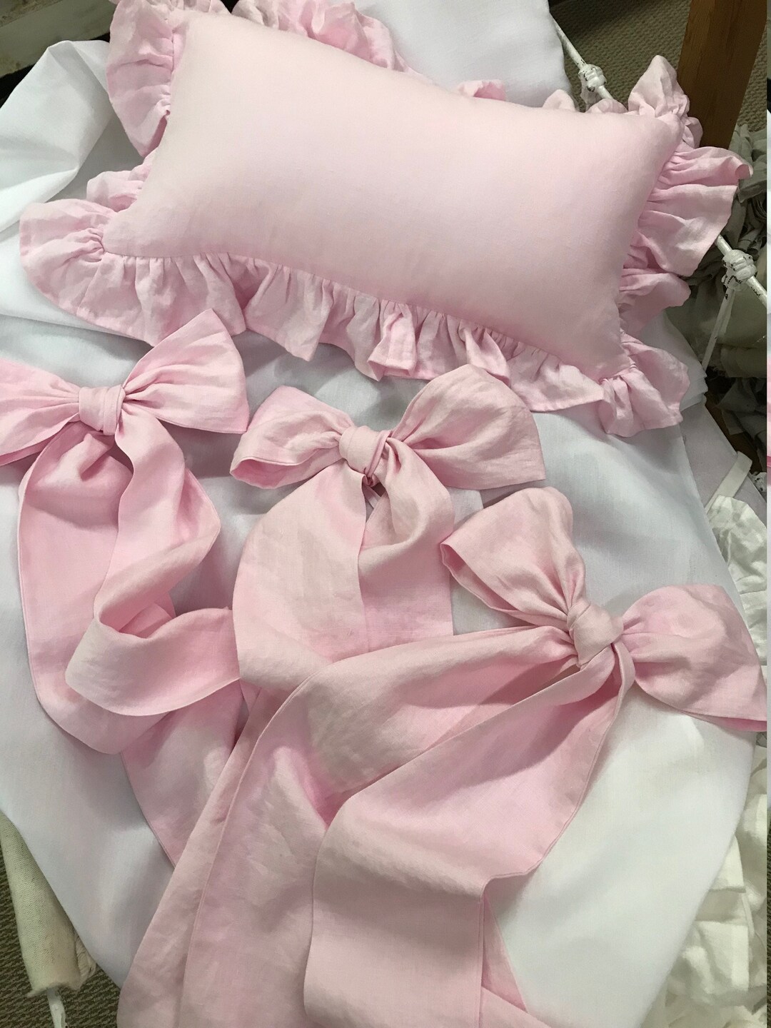 Petal Pink Washed Linen - 3 Over Sized Pre-tied Crib Bows - 12x20 ...