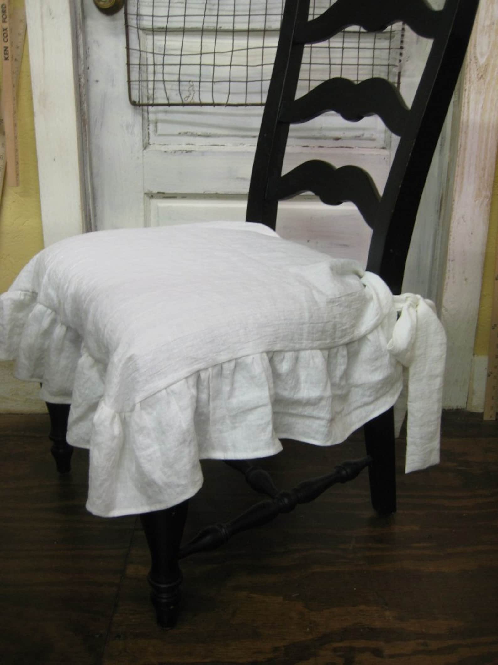 Set of 4 Washed Linen Ruffled Chair Seat Slipcovers in Washed Cotton ...