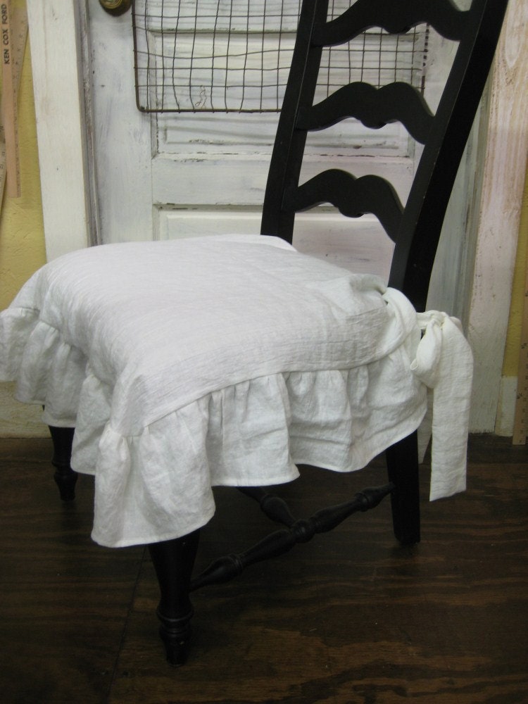 Set of 4 Washed Linen Ruffled Chair Seat Slipcovers in Red and - Etsy