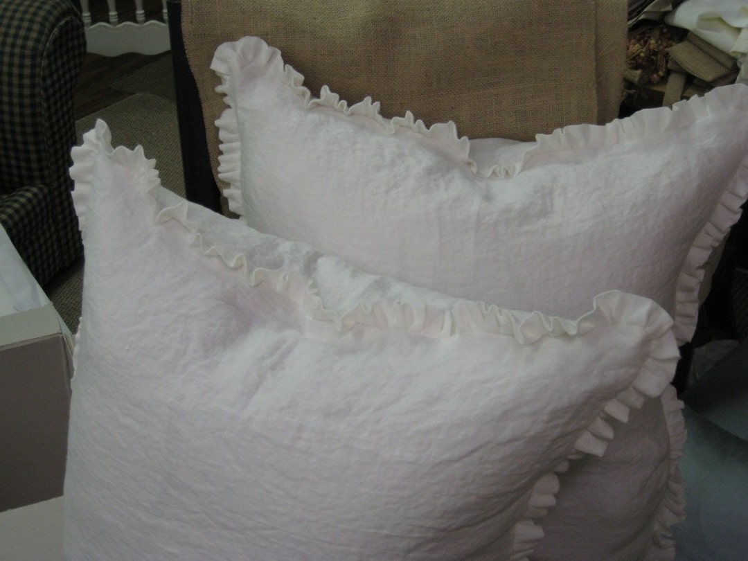 Set of Three Washed Linen Euro Shams-bright White-1" Ruffled Edge ...