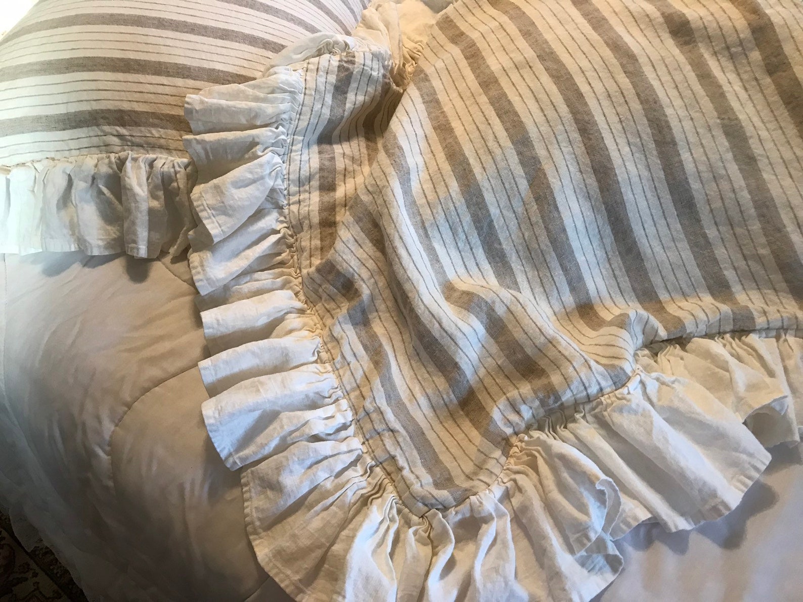 Linen Stripe Ruffled Euro Shams-washed Neutral Linen Pillow - Etsy