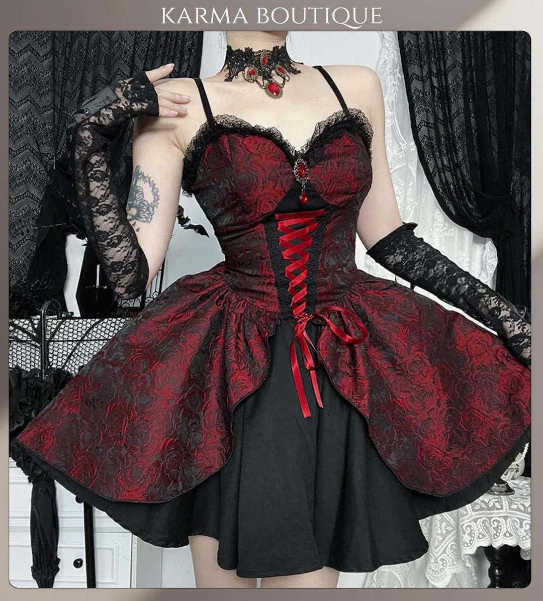 Gothic Red Corset Lace Mini Dress With Floral Pattern for Cosplay, Prom ...