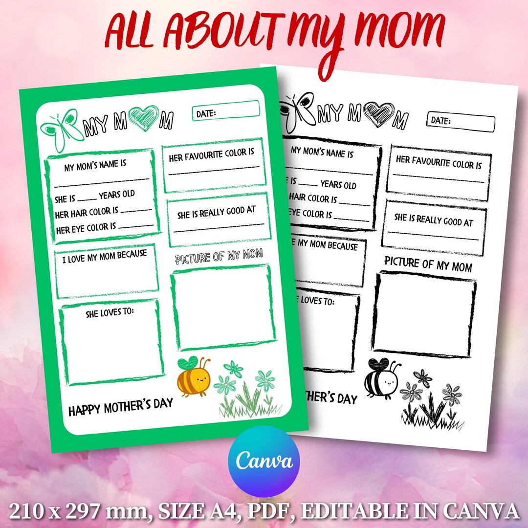 All About My Mom Coloring Page – Green Theme | Editable Mother’s Day ...