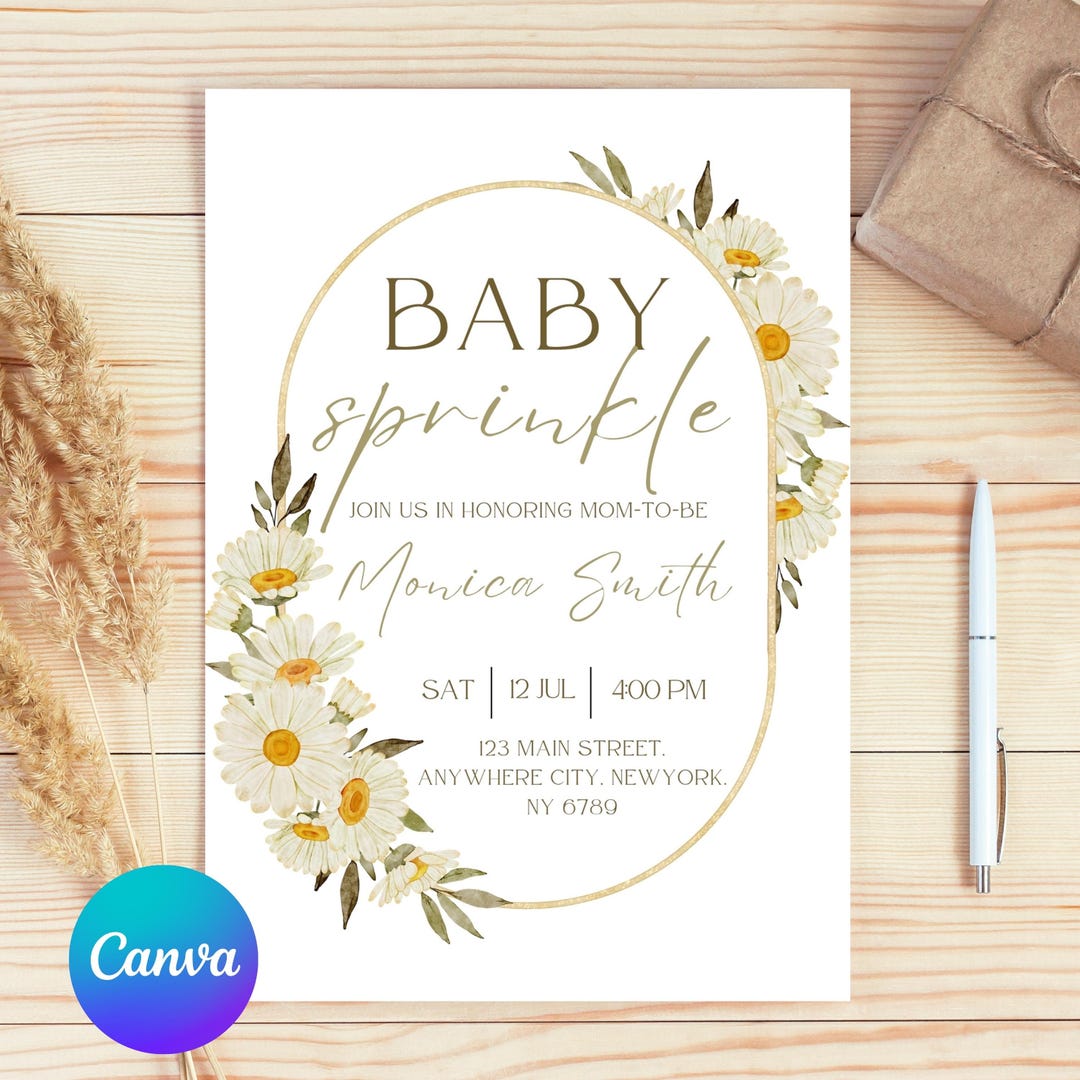 Editable Boho Daisy Baby Sprinkle Invitation – Floral Canva Template ...