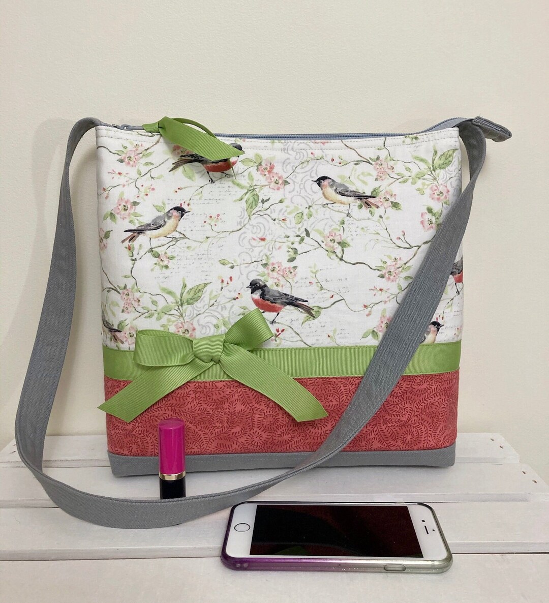 Spring Shoulder Bag, Gray, Song Birds, Cloth Purse With Zipper, White ...