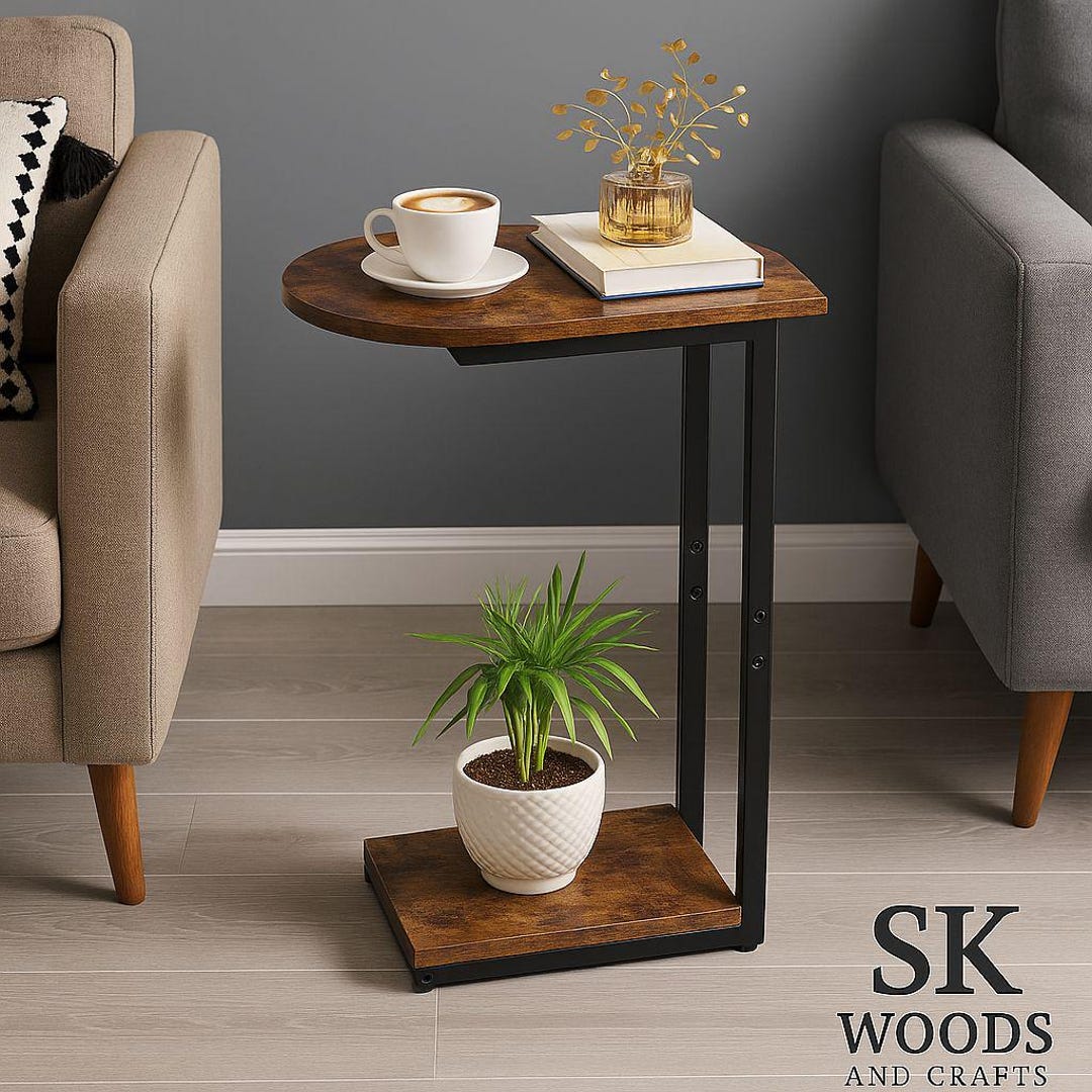 Oval-shaped Side Table, Rustic Brown Sofa Table With Metal Frame, Small ...