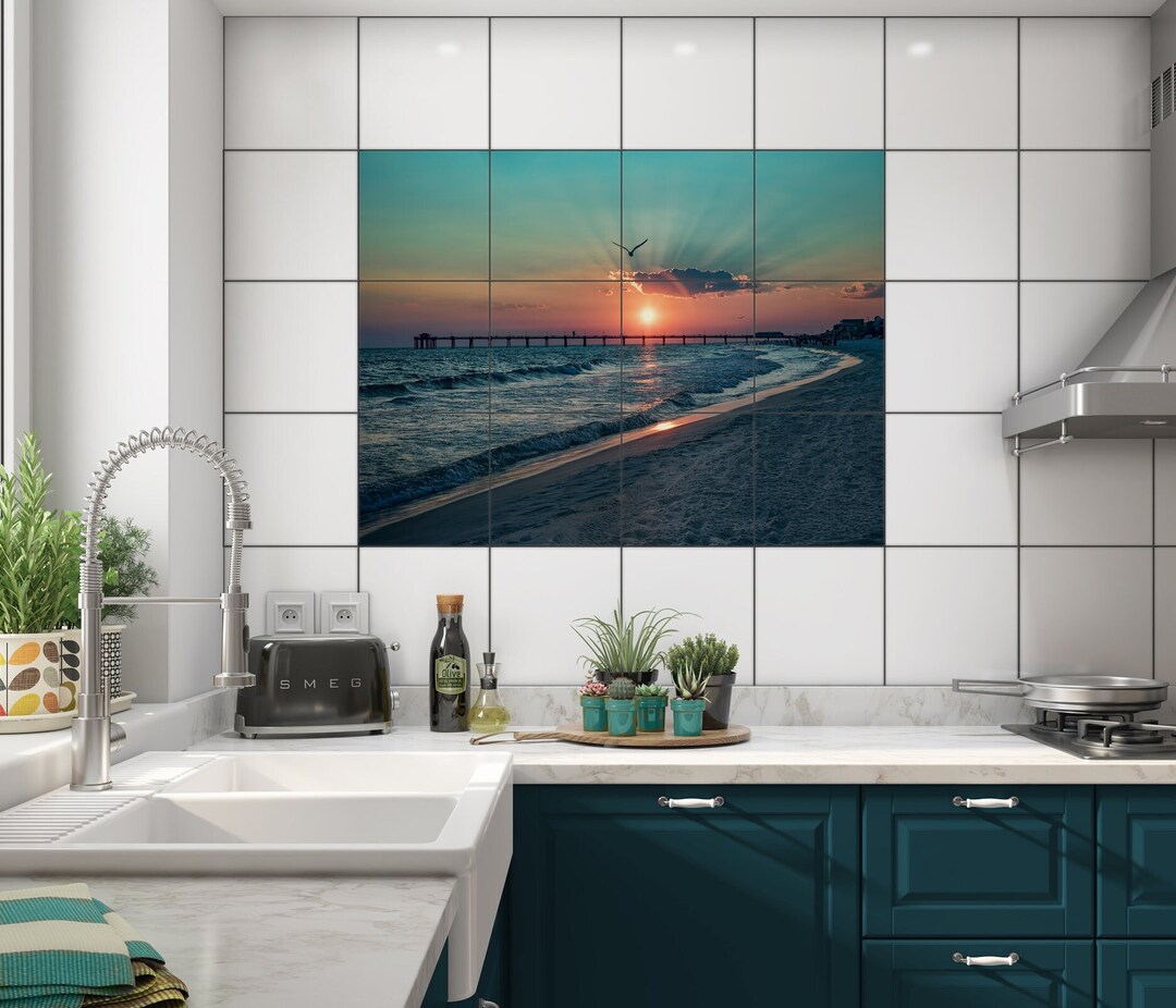 Coastal Vibes: Beach Sunset Ceramic Tile Mural for Backsplash Featuring ...