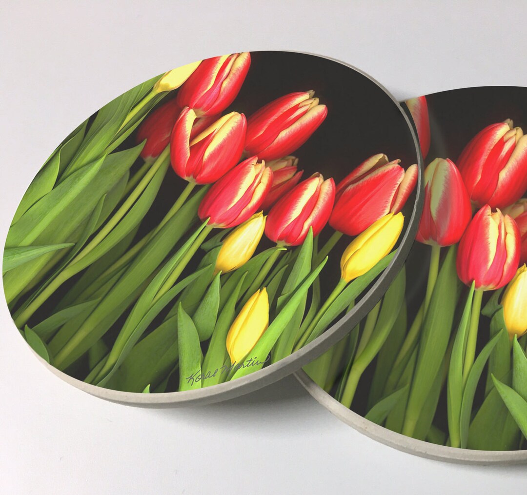 Tulip Car Cup Coasters Made of Sandstone, Floral Car Coaster, Tulip ...