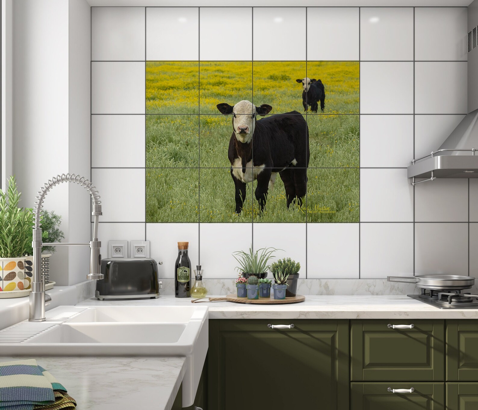 Cow Ceramic Tile Mural With Photo of Calves in Field, Kitchen ...