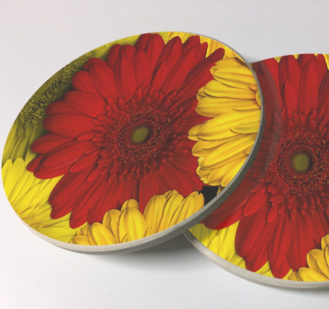 Gerbera Delight: Red and Yellow Floral Car Coasters Made of Sandstone ...