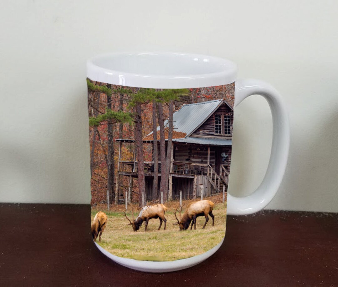 Elk Coffee Mug With Bull Elks by an Old Cabin in Boxley Valley ...