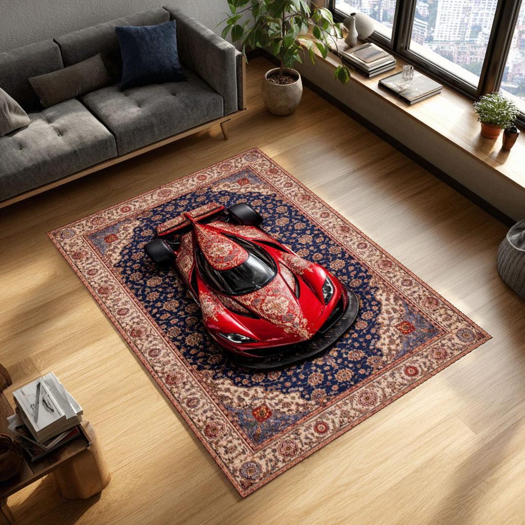 Luxury Sports Car Rug, Oriental Pattern Ferrari Carpet, Supercar Art ...