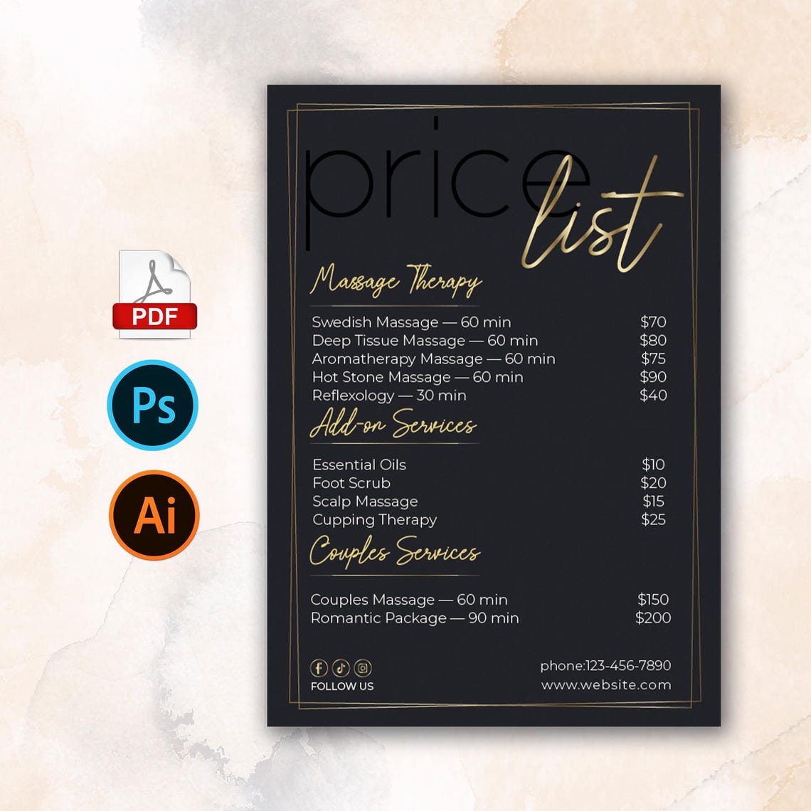 Massage Salon Price List Template | Editable AI PSD PDF | Printable Spa ...