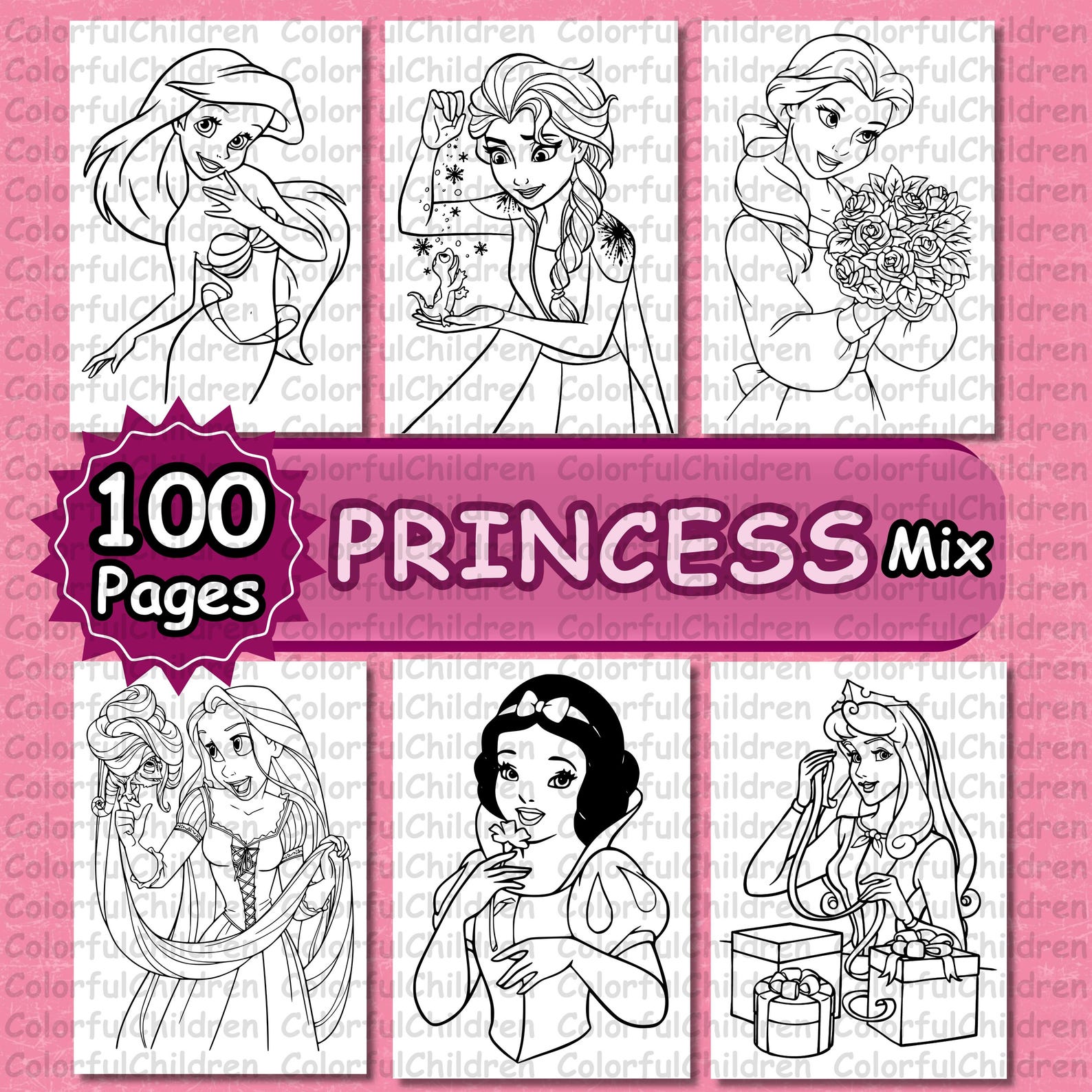 100 Pages / Princess Mix /coloring Book/ Coloring Pages for Kids/ PDF ...
