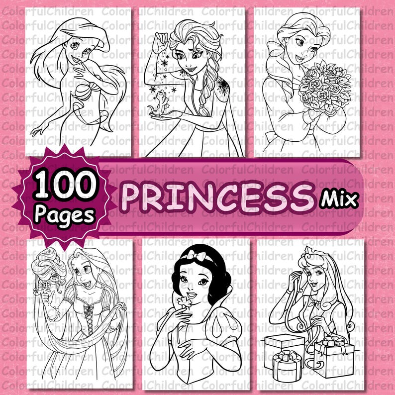 100 Pages / Princess Mix /coloring Book/ Coloring Pages for Kids/ PDF ...