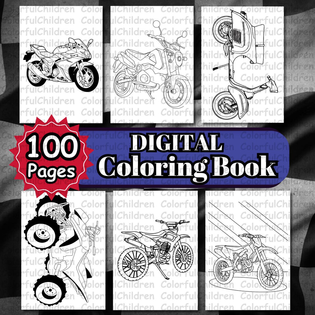 100 Pages/ Motorcycle Coloring Book/ Vehicle Coloring Pages for Kids ...
