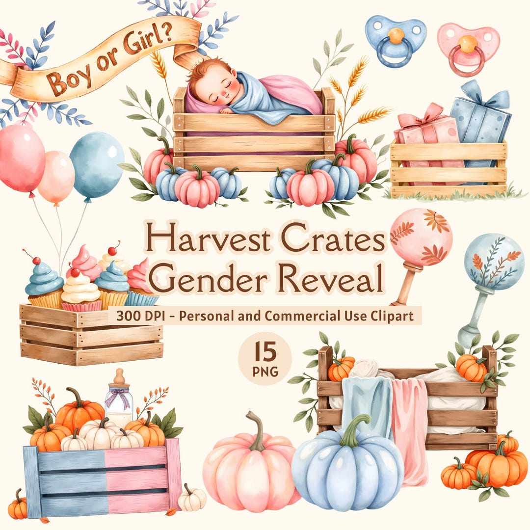 Crates and Pumpkins Baby Gender Reveal PNG Clipart, Watercolor Rustic ...