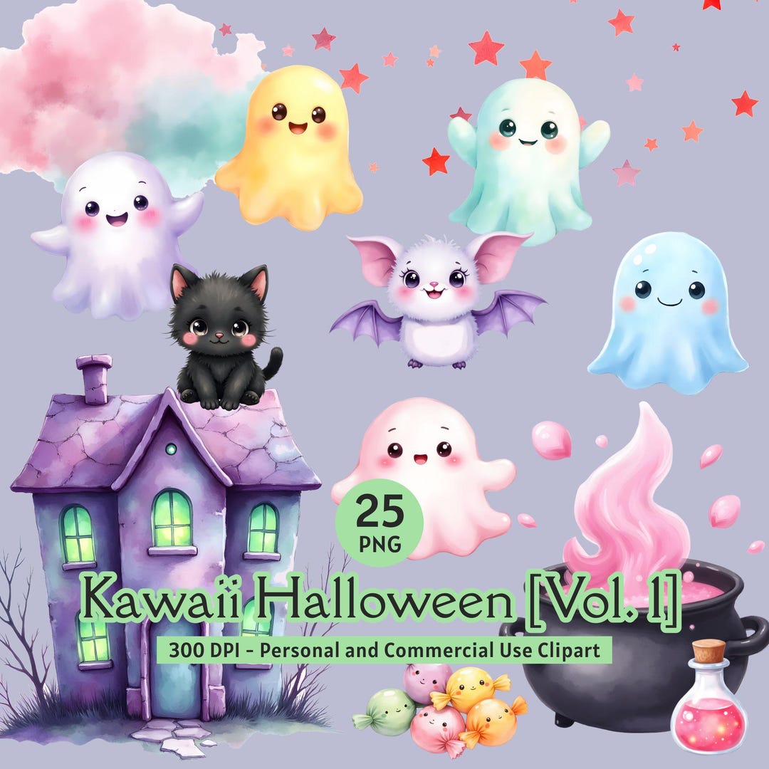 25 Kawaii Halloween Clipart [vol.1] | Cute Ghosts, Black Cat, Bat ...