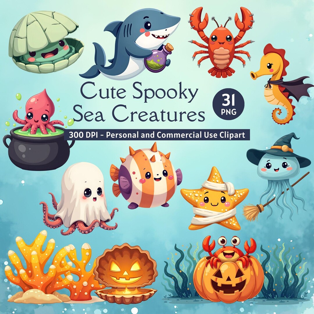 Cute Spooky Sea Creatures Clipart | Halloween Underwater Ocean Animals ...