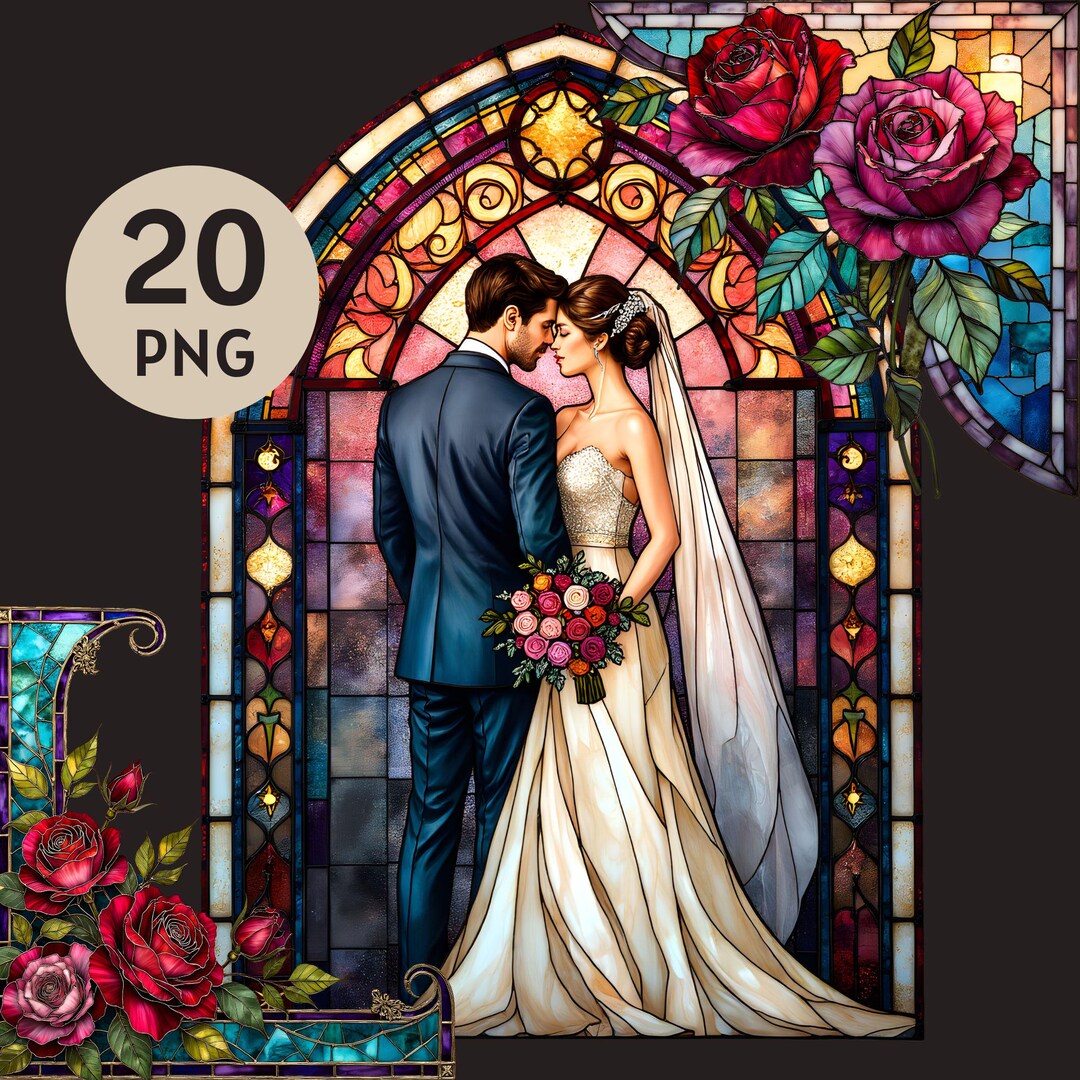 Stained Glass Wedding Couple Vows Clipart PNG | Romantic Bride and ...
