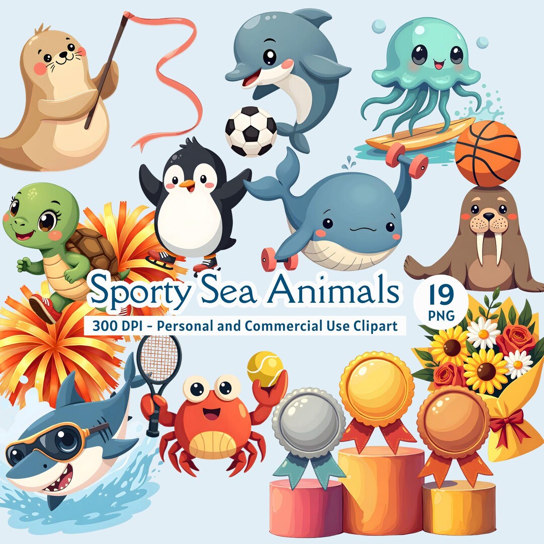 Sporty Sea Animals Clipart | Cute Ocean Sports Animals Graphics for ...